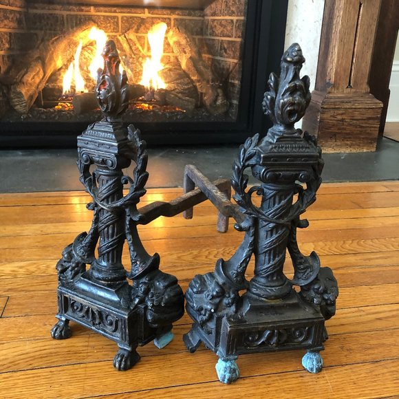 Antique | Accents | Antique Decorative Cast Iron Andirons Log Dog Set ...
